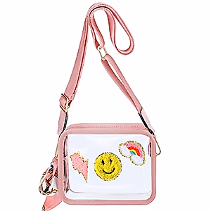 Chenille Patch Preppy PVC Clear Crossbody Bag Stadium Approved Small Transparent Preppy Makeup Bag Waterproof Clear Purse Square Zipper Clear Pouch for Women Girls Beach Travel (Pink)