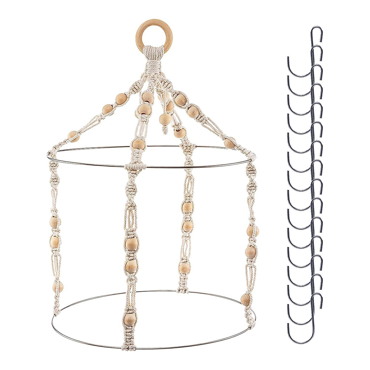 ZUDKSUY Double Hanging Drying Rack with 15 Hooks Hand-Woven Hanging Vegetable Drying Rack, Air-Dried Vegetable and Dried Fruit Rack for Air-Dried Plants, Spices and Flowers