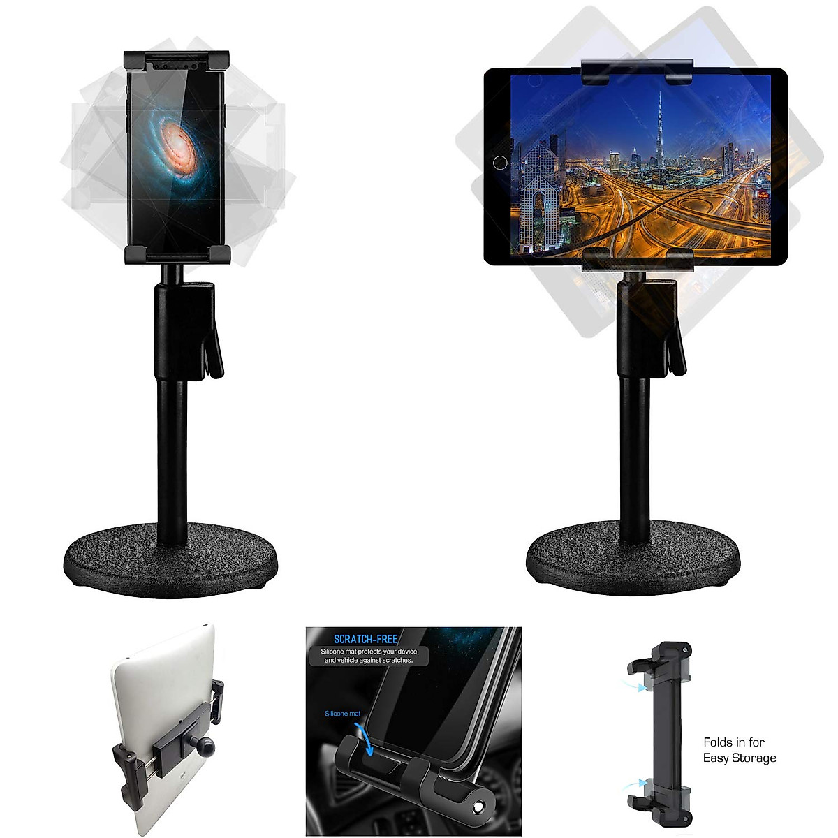 Accessory Basics Universal Tablet/Smartphone 3 in 1 Metal Base CounterTop Table DoorDash Postmate Grubhub Uber Eats Mount Stand for 6 to 13" Screen Tablets and Smartphones