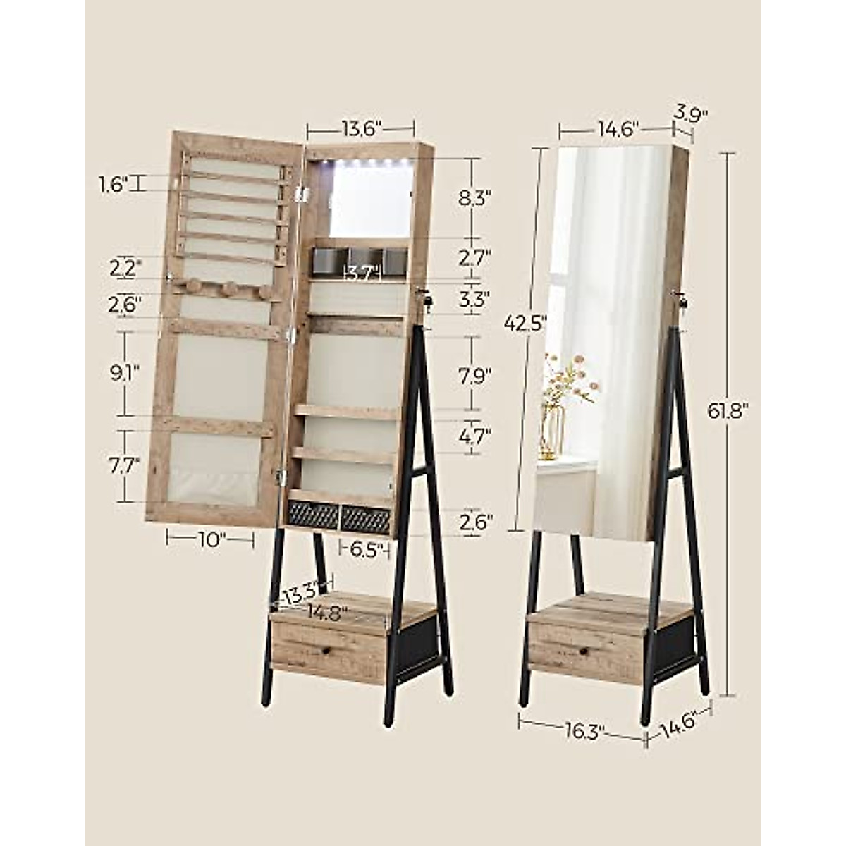 SONGMICS LED Mirror Jewelry Cabinet Standing, Lockable Jewelry Armoire with Full-Length Mirror, Space-Saving Jewelry Organizer with Mirror, Drawer and Shelf, Toasted Oak Color UJJC025N01