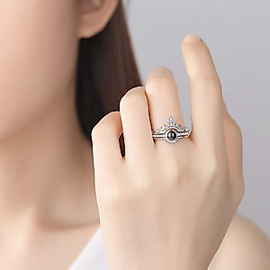 I Love You Ring 100 Languages Custom Name and Photo Projection Ring in 925 Sterling Silver Rose Gold—Crown Shaped Personalized for Women Mother Lover