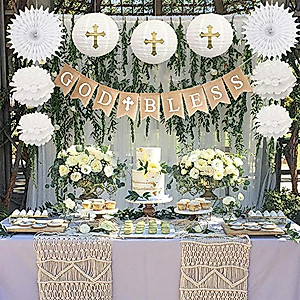 CHRORINE First Communion Banner Kit, Baptism Decorations for Boys Girls, First Communion Confirmation Decorations,God Bless Banner and White Decorations - White Set