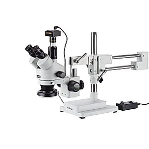 AmScope 7X-45X Simul-Focal Stereo Zoom Microscope on Dual Arm Boom Stand with 144-LED Ring Light and 10MP Camera