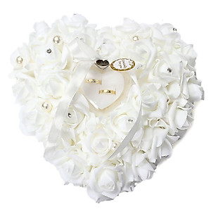 HONEYGIFTS Wedding Ring Pillow, White Ring Polypropylene Pillow Lace Crystal Rose Wedding Heart Ring Box Ring Holder