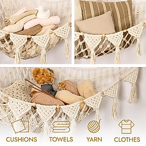 TIDYTEDS Snow White Macrame DreamLights Boho Stuffed Animal Storage Net for Stuffed Animals (Extra Large) and Stuffed Animal Net or Hammock for Small Stuffed Animals or Plushies. Pure Cotton