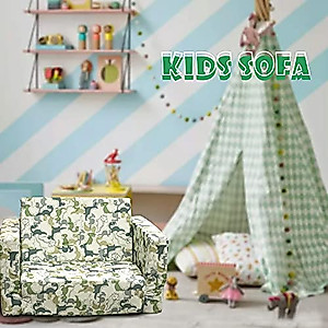 Truwelby Kids Sofa, Children's 2 in 1 Convertible Sofa to Lounger - Extra Soft Flip Open Chair & Sleeper, Cute Dinosaur Print Toddler Chair Kids Couch for Kids Girls Boys