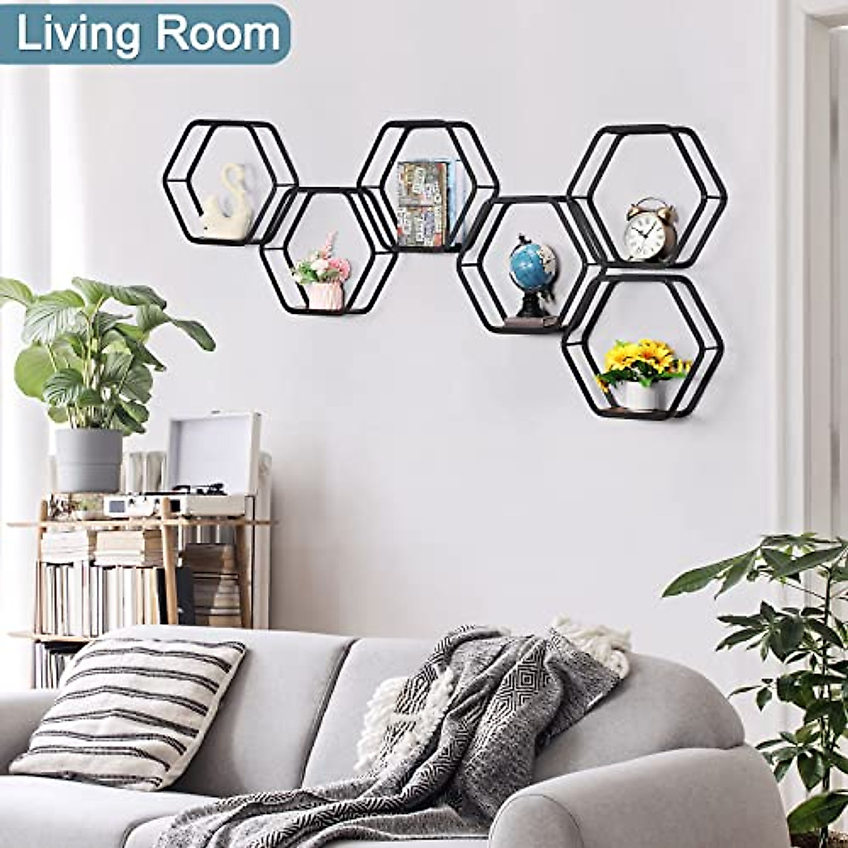 Hexagonal Floating Shelves Set of 10, Metal Hexagon Shelves for Wall, Rustic Black Hexagon Shelves, Modern Honeycomb Shelf, Octagon Shelves Wall Mounted for Bedroom Living Room Kitchen and Office