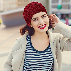 JenPen 2 Pieces Floral Crochet Slouchy Beanie Hat Handmade Knit Cutout Women Floral Skull Cap Stretchy Knitted Crochet Hat for Women (Beige, Wine Red)