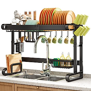 Over The Sink Dish Drying Rack, 2 Tier Adjustable Length (18.9" to 33.5") Sturdy Kitchen Counter Dish Rack Organizer, Black