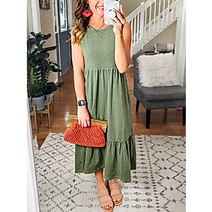 ANRABESS Women Summer Casual Sleeveless Crewneck Sundress Aline Flowy Tiered Maxi Long Beach Dress Vacation Outfits Large Green