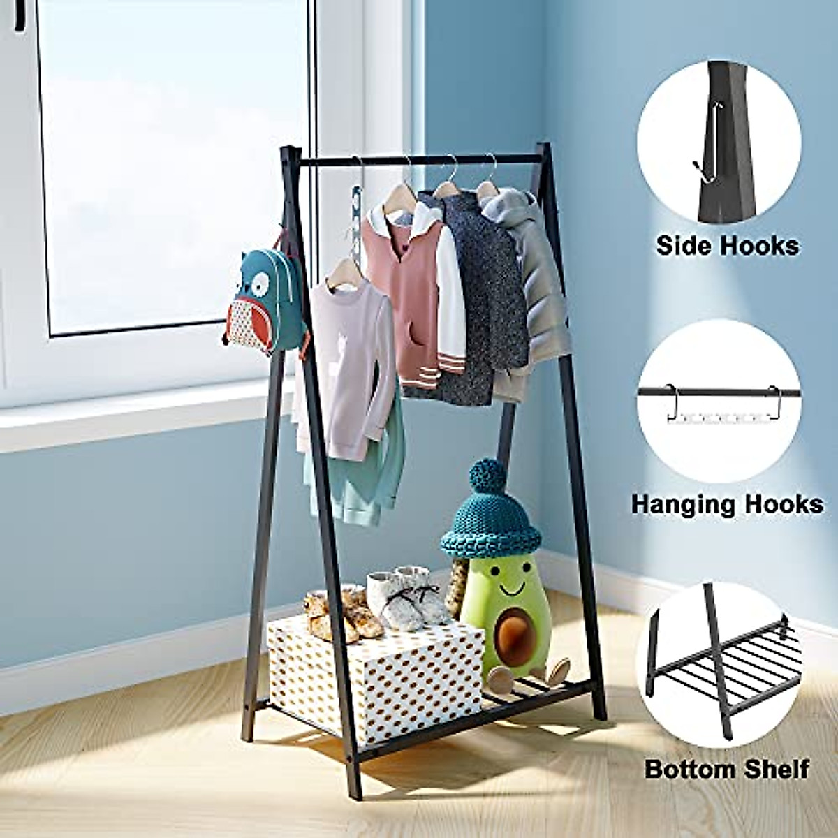 Bestier Kids Clothing Rack, Kids Garment Rack with Storage Shelf, Steel Costumes Clothes Hanging Rack, Small Clothes Rack with Hooks, Black