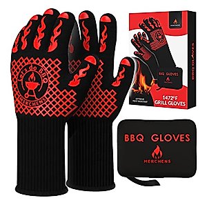 MERCHENS Oven Mitts - Insulated, Fireproof, Extreme Heat Resistant Silicone Grill Gloves That Take Barbecuing to New Heights - Extra Long Oven Mitts - Indoor & Outdoor Wear with Protective Case (Red)