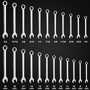 23-Piece Premium SAE and Metric Combination Wrench Set in Roll-up Pouch | Inch Size 1/4 - 3/4” and Metric Size 8 - 19mm | Chrome Vanadium Steel, Mirror Finish, 12-Point Box End and 15° Angled Open End