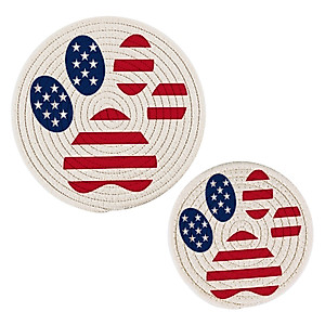 Kitchen Pot Holders Set 2 Pcs Cotton Thread Weave Trivets Set Stylish Coasters for Hot Dishes Pot Bowl Coffee Hot Pot Holders Dog Paws USA American Flag Filled