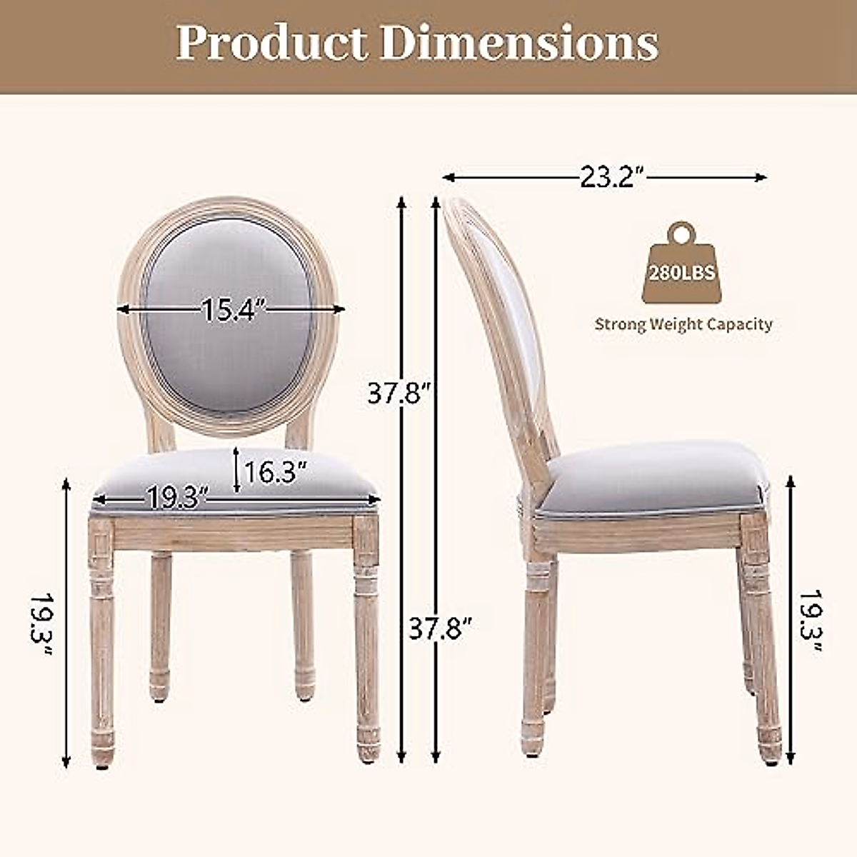 civama Dining Chairs Set of 4 French Vintage, Mid Century Upholstered Farmhouse Fabric Chair with Round Backrest and Solid Rubberwood Leg for Dining Room Bedroom Kitchen Restaurant, Light Grey