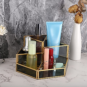 ELLDOO Multi-Functional Geometric Triangle Makeup Brush Holder, Gold Clear Black Glass Composite Hexagon Tray Jewery Organizer Nail Polish Skincare Perfume Lipstick Holder Storage for Dresser Bedroom