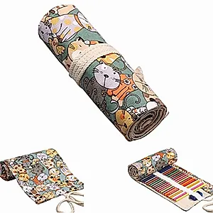 Canvas Pencil Roll Wrap 12/24/36/48 Holes, Multiuse Cartoon Cat Roll Up Pencil Case Large Capacity Pen Curtain for Coloring Pencil Holder Organizer
