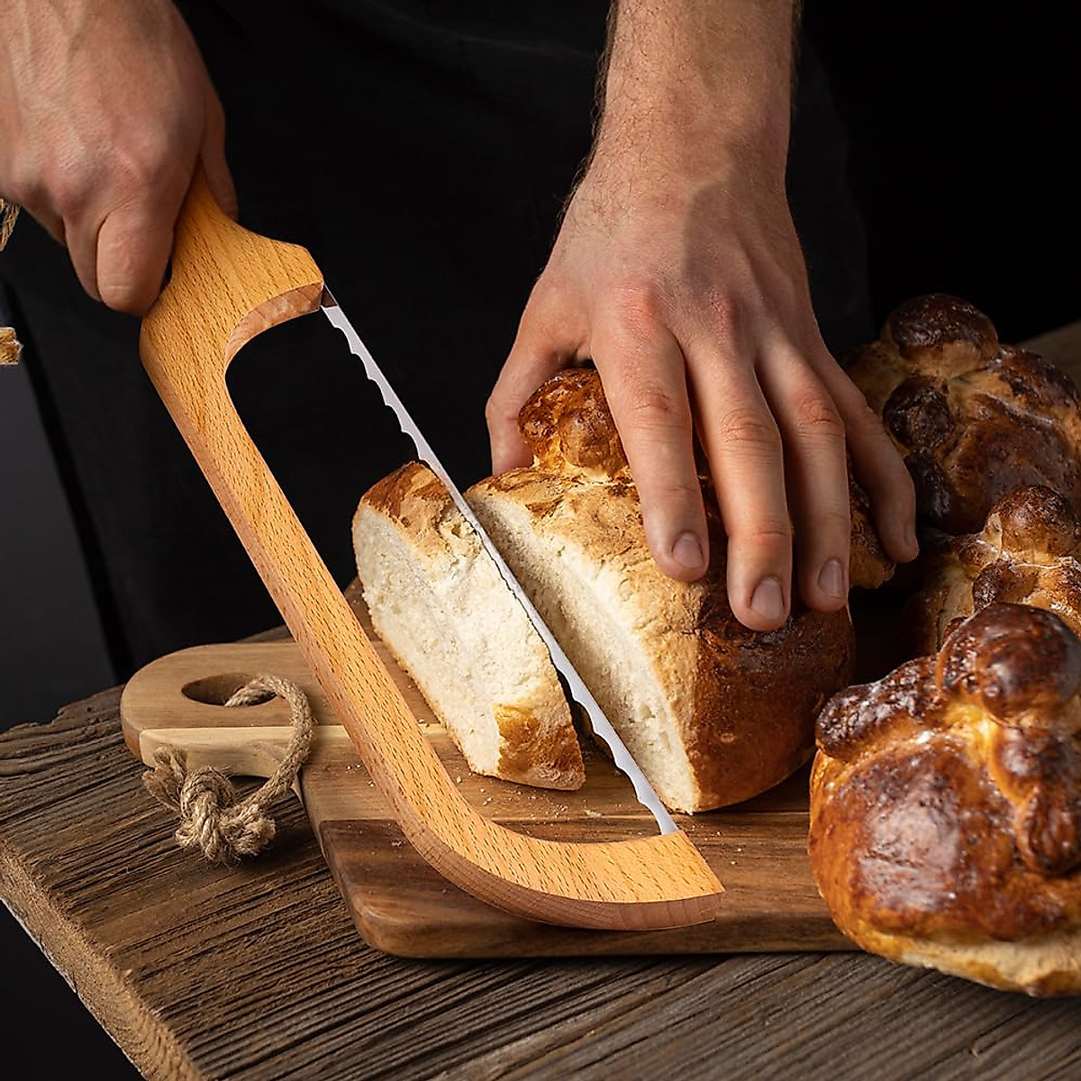 Kalekey Bread Bow Knife, 16" Sourdough Bread Knife For Homemade Bread, Premium Stainless Steel Bread Cutting Knife with Protective Cover, Right Left Hand Adjustable