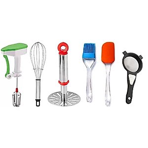 OMORTEX Maharaja Combo Of Manual Hand Blender, Whisk, Stainless Steel Masher, Spatula With Brush & 2 in 1 Strainer-Greater (Pack Of 6)