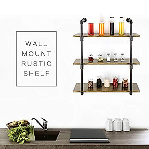 YU YUSING 3 Tier Industrial Pipe Wall Shelf, Rustic Floating Bar Shelves, Wood and Metal Bookshelves for Bedrooms, Bathroom and Kitchens Shelving