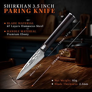 SHIRKHAN Japanese Damascus Kitchen Knives 2 pcs Set - Chef & Paring Knife - 67 Layers - High Carbon 10Cr15CoMoV Ultra Sharp Hand Hammered Steel Blade - Ergonomic Ebony Wood Handle