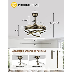 Dawn Whisper 42 Inch Retractable Ceiling Fan, Modern Ceiling Fans with Lights and Remote, Silent DC Motor, 6 Speed,Color Changing, Bronze Retractable Ceiling Fan with Lights for Kitchen