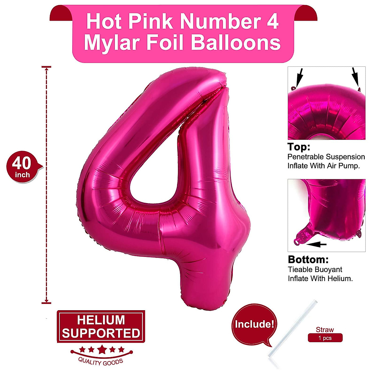 40 Inch Hot Pink Number 4 Balloon Large Size Jumbo Digit Mylar Foil Helium Bright Pink Balloons for Birthday Party Celebration Decorations Graduations Anniversary Baby Shower Photo Shoot