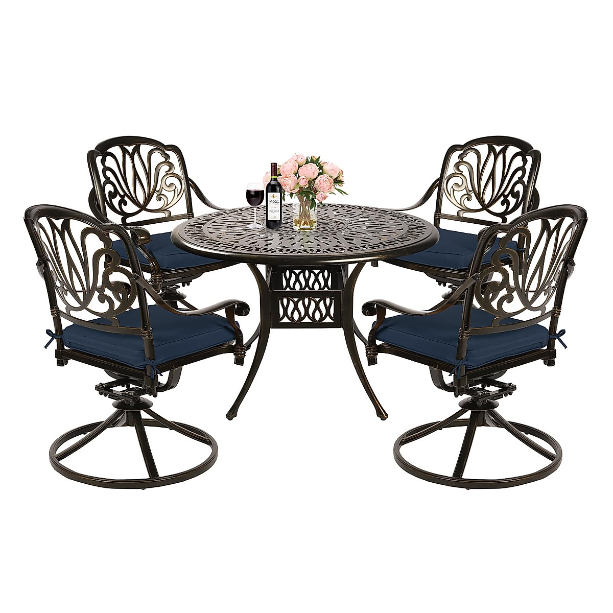 MEETWARM 5-Piece Outdoor Patio Dining Set, All-Weather Cast Aluminum Patio Conversation Set for Backyard Garden Deck with 4 Cushions Swivel Rocker Chairs and 35.4" Round Table, Navy Blue