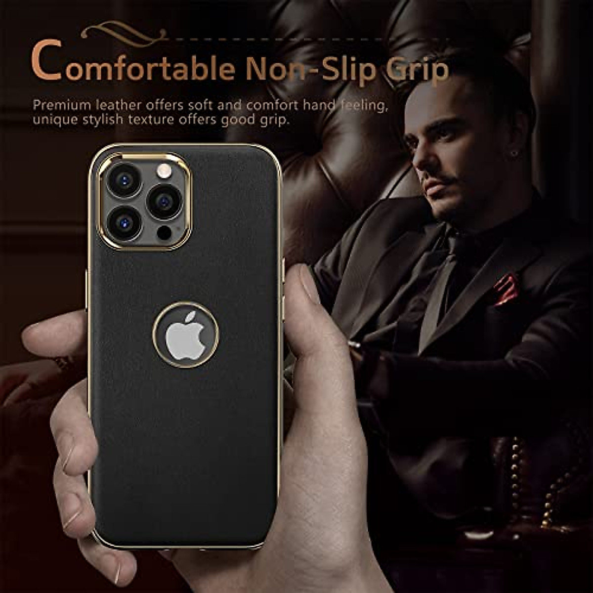 LOHASIC Compatible with iPhone 14 Pro Max Case, Slim Leather Gold Electroplated Bumper Anti-Scratch Soft Back Cover Protective Men Cases Designed for iPhone 14 Pro Max 6.7 inch 2022 - Black