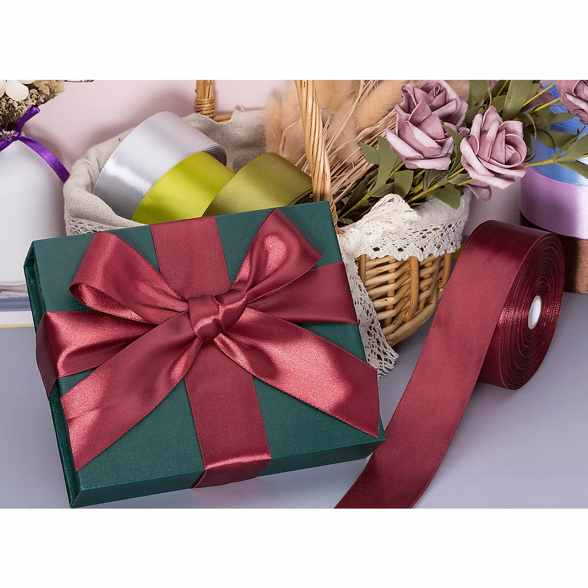 YASEO 1 1/2 Inch Wine Red Solid Satin Ribbon, 50 Yards Craft Fabric Ribbon for Gift Wrapping Floral Bouquets Wedding Party Decoration