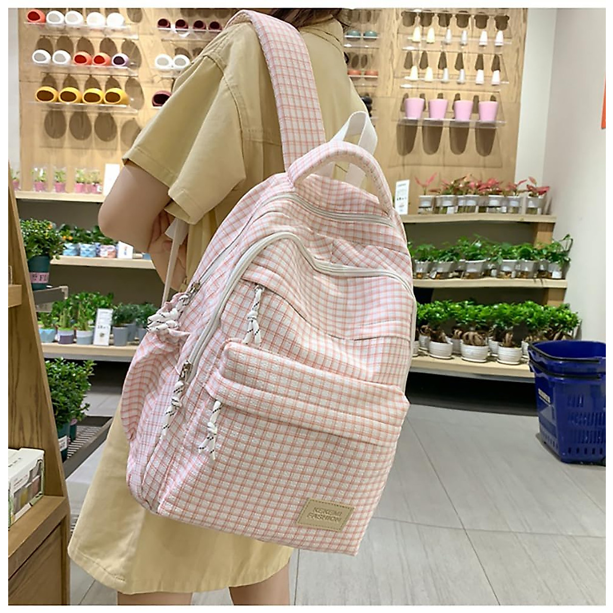 MOVEIF Striped Canvas Backpack with Cute Accessories Lightweight Shoulder Bag Casual Travel Daypack (Pink)