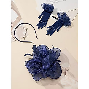 SWEETV Fascinators Hats for Women Tea Party Hat and Gloves Set for Kentucky Derby, Cocktail, Wedding, Fancy Dress Party Blue