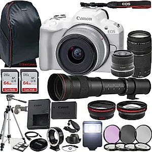 Canon EOS R50 Mirrorless Camera (White) w/RF-S 18-45mm f/4.5-6.3 is STM Lens + EF 75-300mm f/4-5.6 III Lens + 420-800mm f/8.3 HD Lens + 2X 64GB Memory + Case + Filters + More (35pc Bundle)