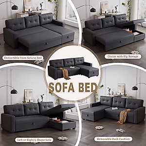 Jintop 82" L-Shape Convertible Sleeper Sectional Sofa with Storage Chaise and Pull-Out Bed,Upholstered Reversible Corner 3 Seater Couch with Button Tufted Backrest & Armrest,for Living Room,Dark Gray
