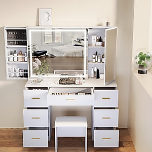 GLAUBIO Vanity Desk Set with Large LED Lighted Mirror, Brightness Adjustable,Vanity Table with Drawer,Sliding 1 Storage Wall-Mounted Jewelry,2 Shelves for Bedroom,Lots Storage Shelves, White