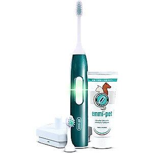 Emmi-pet Electric ultrasonic Toothbrush Set 1.0 for Pets. 100% Ultrasound deep-Cleans Completely Silently, Without Vibrations and Pain-Free. Fights Plaque, Gum Disease and Bad Breath. Rechargeable.