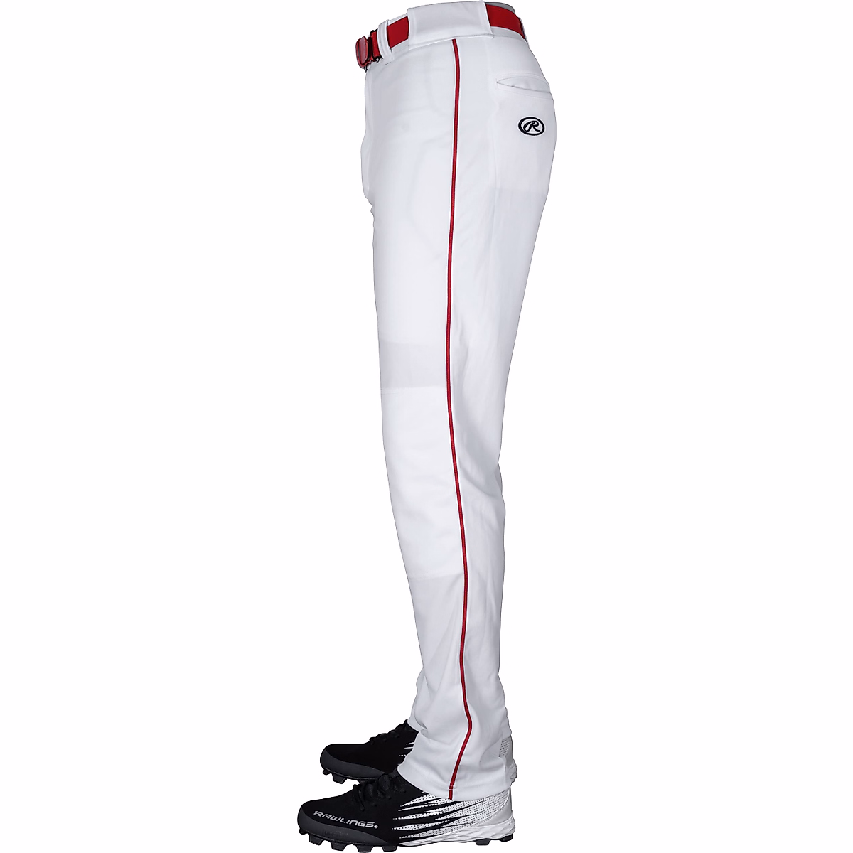 Rawlings | Semi-Relaxed Full Length Baseball Pant | Piped | Adult Small | White/Scarlet