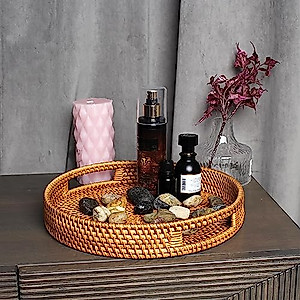 Round Rattan Serving Tray Decorative Woven Ottoman Trays for Coffee Table Natural Round Woven Tray, 14 Inch