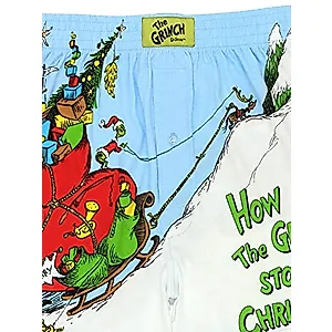 Dr. Seuss How The Grinch Stole Christmas Men's Button Fly Boxer Shorts (Small, Blue)