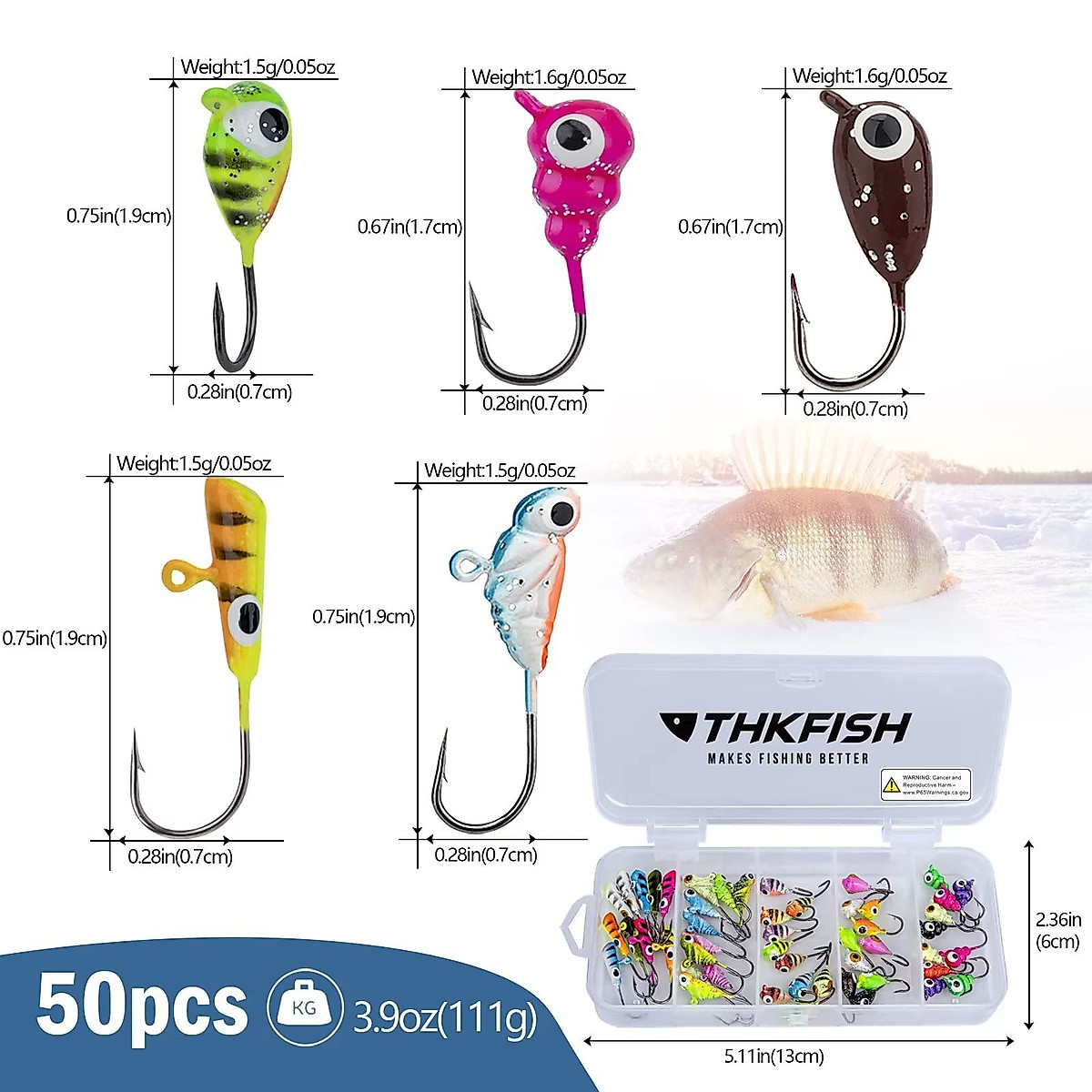 THKFISH Ice Fishing Jigs Ice Fishing Lures A-50PCS+THKFISH Fishing Tackle Box Organizer Double Layer Tackle Storage