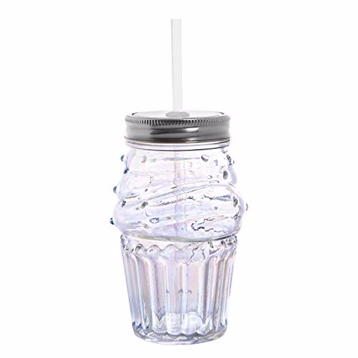 Slant Collections - Shaped Glass Jar with Lid and Straw, 15.5-Ounce, Cupcake - Clear