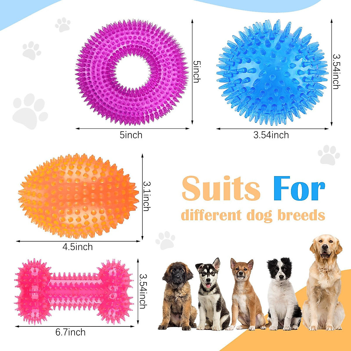 Silipull 4 Pcs 4.5'' Spiky Squeaker Football Dog Toy for Medium Large Dogs Spiky Dog Balls Puppy Chew Toys for Aggressive Chewers Spiky Ball Dog Toy Fetch Toys for Training (Fresh,Multicolored)
