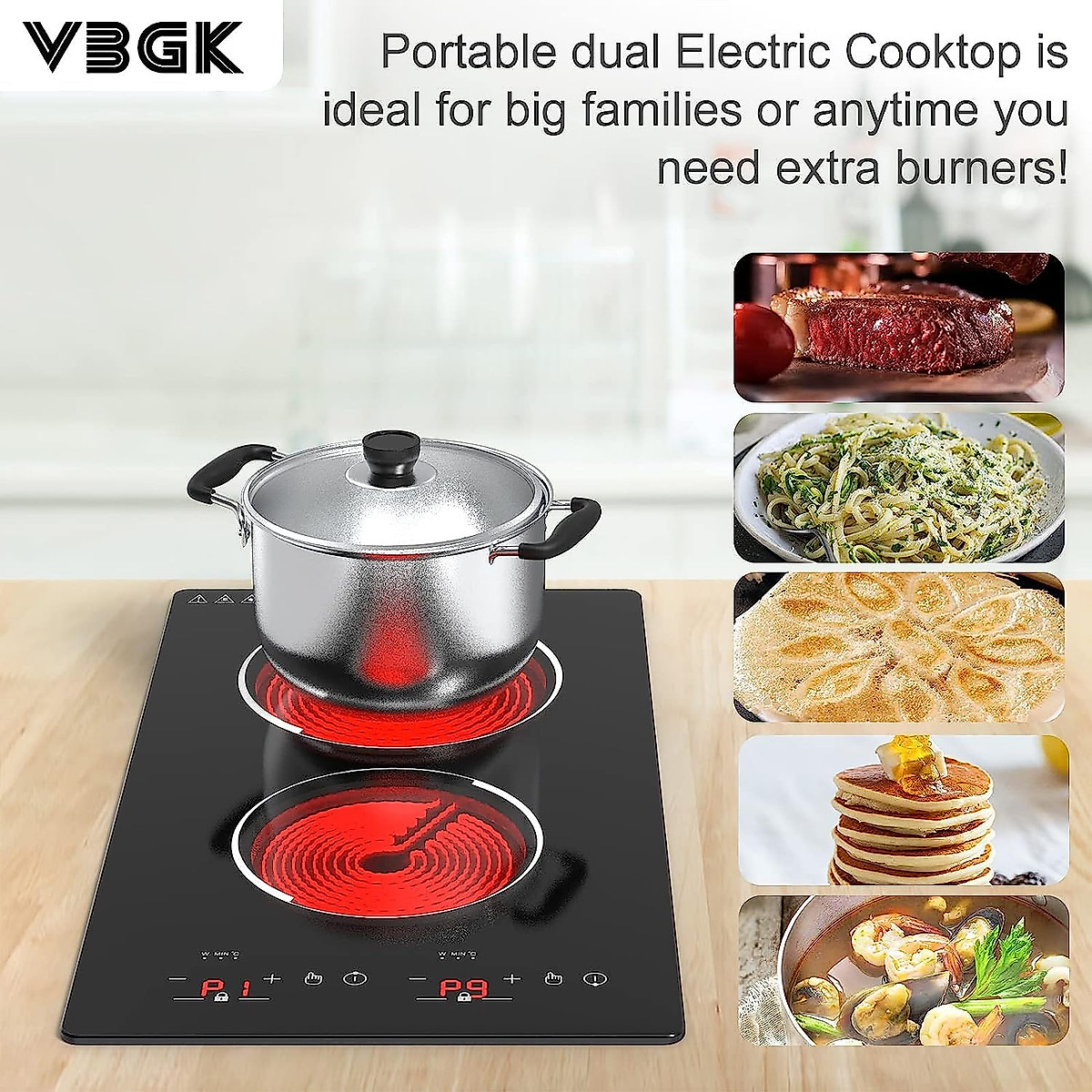 VBGK Electric Cooktop, 12 Inch Built-in Radiant Electric Stove Top,110V 2100W Electric burner with 2 Burners, 9 Heating Level, Timer & Kid Safety Lock, Sensor Touch Control 2 burner Induction Cooktop