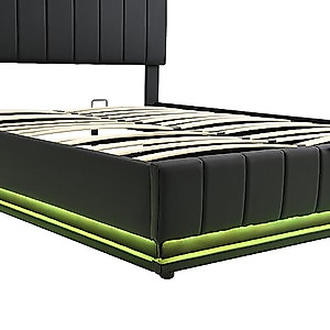 Favfurish Queen Size Lift Up Storage Bed,with Hydraulic System & 16 Color of LED Light,PU Upholstered Modern Platform BedFrame,w/Sockets and USB Ports for Boys Girls Teens Adult,Black