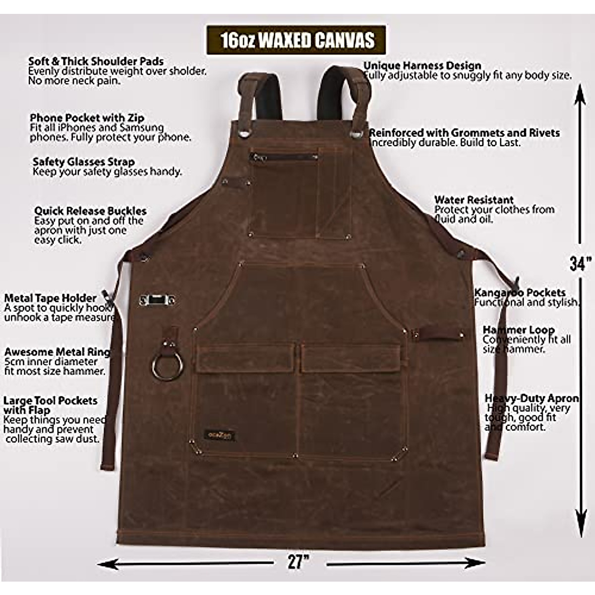 Woodworking Shop Apron - 16 oz Waxed Canvas Work Aprons | Metal Tape holder, Fully Adjustable to Comfortably Fit Men Size S to XXL | Tough Tool Apron to Give Protection, Ideal Fathers Day GIft for Dad