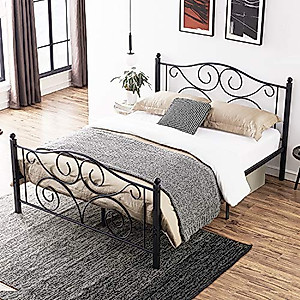 VECELO Metal Bed Frame with Headboard and Footboard, Iron Mattress Foundation No Box Spring Needed, Heavy Duty/Easy Set Up, Queen, Black