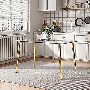 Glass Dining Table for 4 with 51 inch Clear Tempered Glass Top, 0.31" Modern Rectangular Glass Kitchen Table Furniture with 4 Golden Plating Metal Legs for Home Kitchen Room