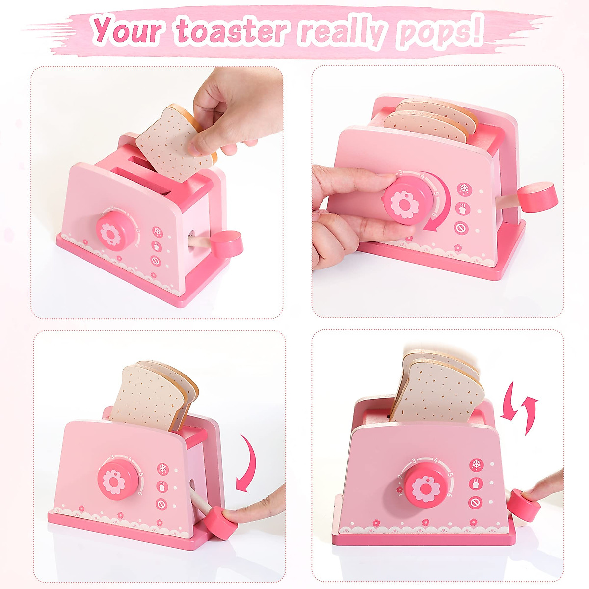 Wooden Pop-Up Toaster Playset, 14pcs Kitchen Toys with Bread Butter Knife Cheese Vegetable Tomato Milk Yogurt Fried Egg, Play Kitchen Accessories for Boys Girls Age 3-6