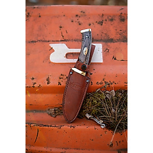 Old Timer Heritage Series 169OT 10.25in Fixed Blade Knife with Stainless Steel Drop Point Blade, Laminate Wood Handle, Full Tang Design, and Leather Sheath for Hunting, Camping, EDC, and Outdoors