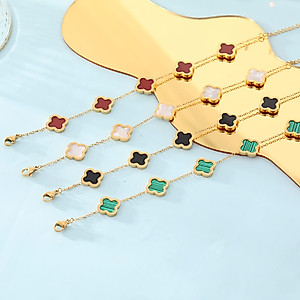 WSupikio Link Bracelets for Women Girls Trendy Bracelet Cute Plated 18K Gold Lucky Adjustable Clover Link Bracelets Mother's Day Christmas Gift Jewelry (Black)